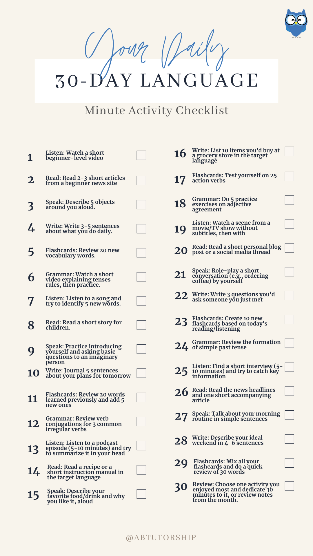 FREE Daily 30-Minute Activity Checklist - Abtutorship